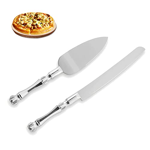 2 PCS Cake Cutting Set for Wedding, Hsxxf Stainless Steel Cake Knife and Server Set with Faux Crystal Handle for Pizza Wedding Cake Birthdays Anniversaries Parties