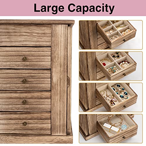 Emfogo Jewelry Box for Women, 5 Layer Large Wood Boxes & Organizers for Necklaces Earrings Rings Bracelets, Rustic Organizer with Drawers and Mirror(Carbonized Black)