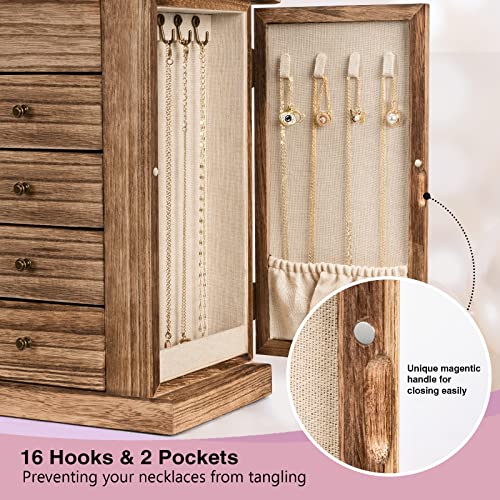 Emfogo Jewelry Box for Women, 5 Layer Large Wood Boxes & Organizers for Necklaces Earrings Rings Bracelets, Rustic Organizer with Drawers and Mirror(Carbonized Black)