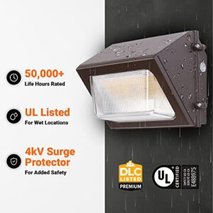 All-in-One 60W LED Wall Pack Fixture - Photocell Dusk-to-Dawn Sensor - 100W-320W MH/HPS Equal - Commercial Outdoor Step-Dimmable LED Security Wall Light - 3000K-5000K CCT Tunable - 100-277VAC - Bronze