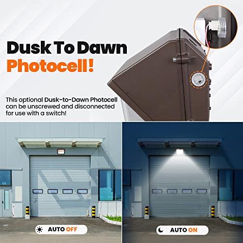 All-in-One 60W LED Wall Pack Fixture - Photocell Dusk-to-Dawn Sensor - 100W-320W MH/HPS Equal - Commercial Outdoor Step-Dimmable LED Security Wall Light - 3000K-5000K CCT Tunable - 100-277VAC - Bronze