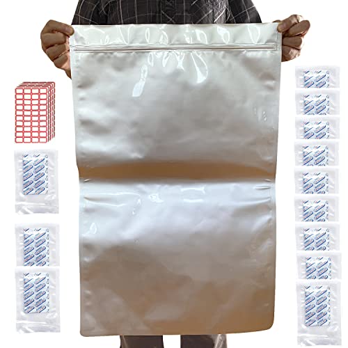 20 Pack 15 Mil Mylar Bags For Food Storage 5 Gallon Mylar Bags With Oxygen Absorbers 30 Individual 2500cc Bolsas Mylar Con Absorbentes Gal Myler Resealable O2 Para Guardar Alimentos Bolsas Absorbentes