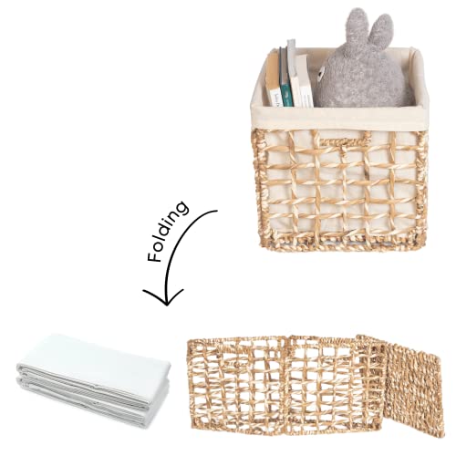 WERORA - Wicker Storage Baskets for Shelves, 2 Packs Water Hyacinth Storage Baskets with Handles, Foldable Square Pantry Baskets, Wicker Storage Basket for Toys, Bookself.