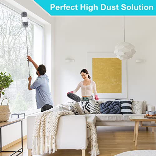 12pcs Microfiber Dusters, Duster with Extension Pole(Stainless Steel) 30 to 100'', Washable Dusters, Bendable Extendable Long Feather Duster for Cleaning Fan, High Ceiling, Blinds, Furniture, Cars