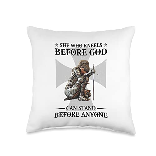 Christian Religious Gifts Women Warrior Womens She Who Kneels Before God Can Stand Before Anyone Throw Pillow, 16x16, Multicolor