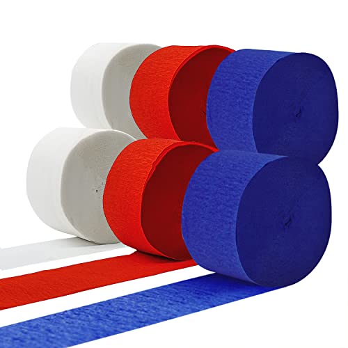 TKEJZu Crepe Paper Streamer Rolls Patriotic Theme Hanging Party Decoration Red White and Blue Crepe Streamer Decorations Total 490-Feet, 6 Rolls, Fourth of July Party Streamer DIY Art Supplies