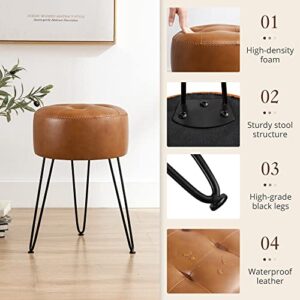 LUE BONA Faux Leather Vanity Stool Chair for Makeup Room， Brown Stool for Vanity, 19” Height, Tufted Small Vanity Chair Stool with Metal Legs, Modern Foot Stool Ottoman for Bedroom, Living Room