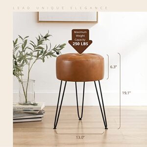 LUE BONA Faux Leather Vanity Stool Chair for Makeup Room， Brown Stool for Vanity, 19” Height, Tufted Small Vanity Chair Stool with Metal Legs, Modern Foot Stool Ottoman for Bedroom, Living Room