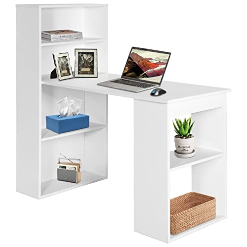 COSTWAY White Computer Desk with Shelves, 48” Study Writing Desk with 6-Tier Storage Shelves, Reversible Study Workstation w/Wide Base for Home, Office & Dorm, Easy Assembly