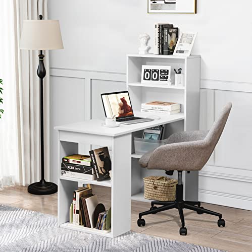 COSTWAY White Computer Desk with Shelves, 48” Study Writing Desk with 6-Tier Storage Shelves, Reversible Study Workstation w/Wide Base for Home, Office & Dorm, Easy Assembly