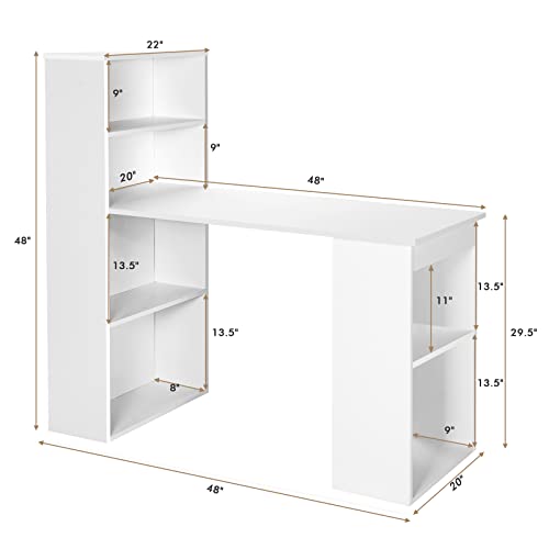 COSTWAY White Computer Desk with Shelves, 48” Study Writing Desk with 6-Tier Storage Shelves, Reversible Study Workstation w/Wide Base for Home, Office & Dorm, Easy Assembly