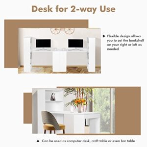 COSTWAY White Computer Desk with Shelves, 48” Study Writing Desk with 6-Tier Storage Shelves, Reversible Study Workstation w/Wide Base for Home, Office & Dorm, Easy Assembly