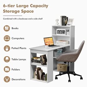 COSTWAY White Computer Desk with Shelves, 48” Study Writing Desk with 6-Tier Storage Shelves, Reversible Study Workstation w/Wide Base for Home, Office & Dorm, Easy Assembly