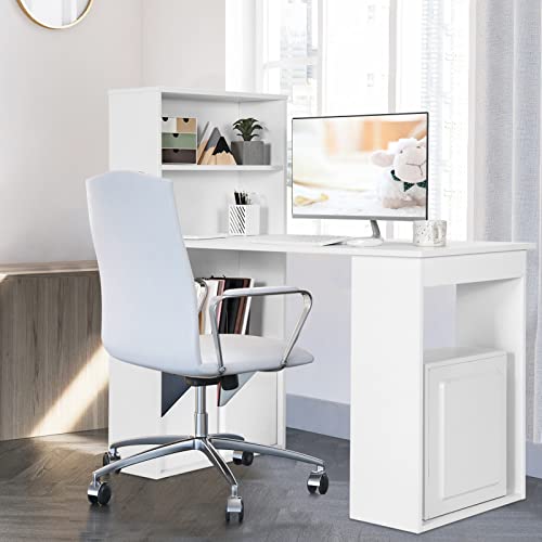 COSTWAY White Computer Desk with Shelves, 48” Study Writing Desk with 6-Tier Storage Shelves, Reversible Study Workstation w/Wide Base for Home, Office & Dorm, Easy Assembly