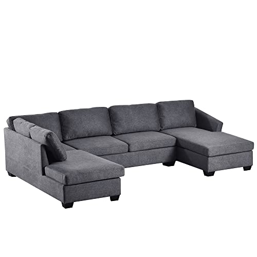 JSKJ U-Shape Sectional Sofa Couch, Modern 4 Seat Sofa, Double Extra Wide Chaise Lounge Couch (Grey)