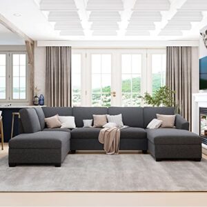 JSKJ U-Shape Sectional Sofa Couch, Modern 4 Seat Sofa, Double Extra Wide Chaise Lounge Couch (Grey)