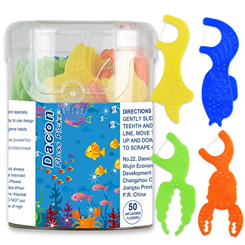 Dacon Kids Flossers, Kids Dental Floss Picks Without Fluoride, Unflavored, 4 Colors Ocean Animals Shaped Makes Flossing Fun, 50 Count