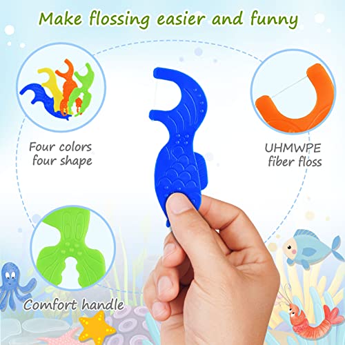 Dacon Kids Flossers, Kids Dental Floss Picks Without Fluoride, Unflavored, 4 Colors Ocean Animals Shaped Makes Flossing Fun, 50 Count