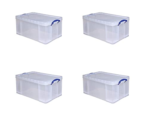 Really Useful Clear Transparent Plastic Storage Box, 64 Liters Features Attached Handles Make It Easy To Carry (Four Pack)