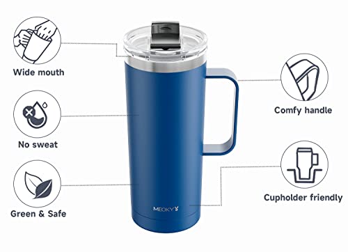 Meoky 20oz Insulated Coffee Mug with Leak Proof Lid, Cupholder Friendly, Double Wall Stainless Steel Travel Coffee Mug with Handle for Car, Home, Office