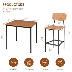 Giantex 5-Piece Dining Table Set W/Counter Height Table & 4 Bar Stools, Industrial Kitchen Dining Table Set W/Footrest & Backrest, Space-Saving Dinette Set for Pub, Dining Room, Restaurant