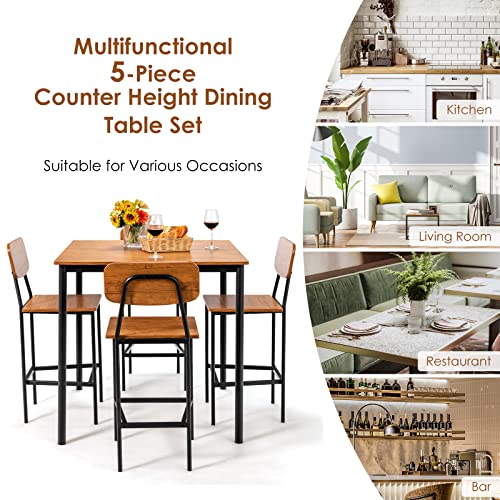 Giantex 5-Piece Dining Table Set W/Counter Height Table & 4 Bar Stools, Industrial Kitchen Dining Table Set W/Footrest & Backrest, Space-Saving Dinette Set for Pub, Dining Room, Restaurant