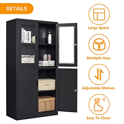 STANI Metal Storage Cabinet, Display Cabinet with Glass Doors, Locking Storage Cabinet with 4 Doors and Adjustable Shelf, Freestanding Metal Cabinet for Home Office Kitchen School