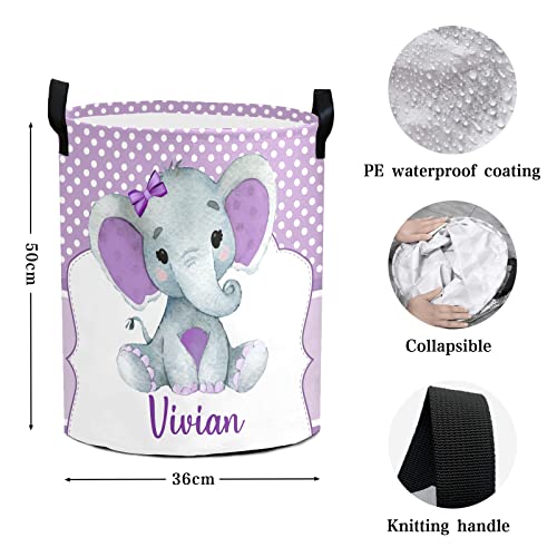 Custom Elephant Purple Laundry Hamper Personalized Laundry Basket with Name Storage Basket with Handle for Bathroom Living Room Bedroom