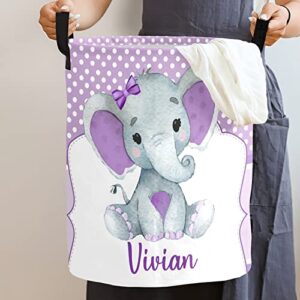 Custom Elephant Purple Laundry Hamper Personalized Laundry Basket with Name Storage Basket with Handle for Bathroom Living Room Bedroom