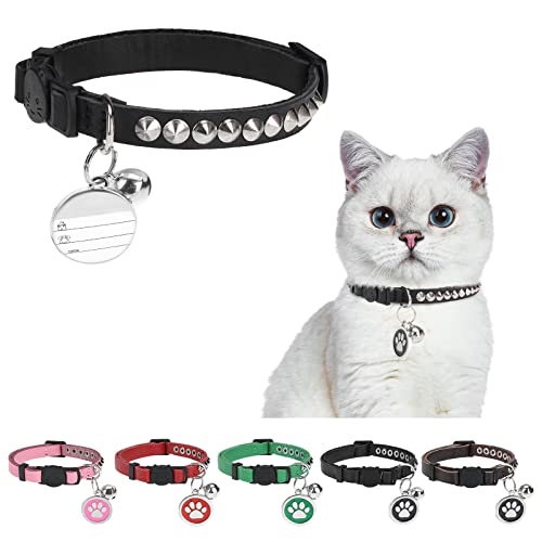 DILLYBUD Leather Personalized Breakaway Cat Collar with Studded Bell and Safety Quick Release Buckle - Rivets Studded ID DIY Collars for Boy Girl Cats Kittens