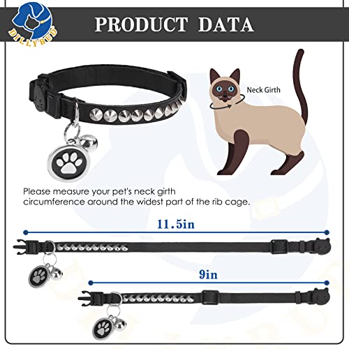 DILLYBUD Leather Personalized Breakaway Cat Collar with Studded Bell and Safety Quick Release Buckle - Rivets Studded ID DIY Collars for Boy Girl Cats Kittens