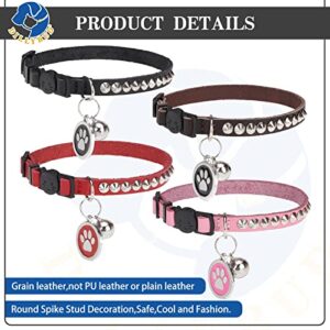 DILLYBUD Leather Personalized Breakaway Cat Collar with Studded Bell and Safety Quick Release Buckle - Rivets Studded ID DIY Collars for Boy Girl Cats Kittens