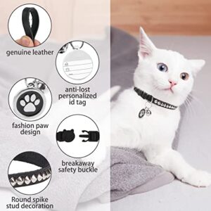 DILLYBUD Leather Personalized Breakaway Cat Collar with Studded Bell and Safety Quick Release Buckle - Rivets Studded ID DIY Collars for Boy Girl Cats Kittens