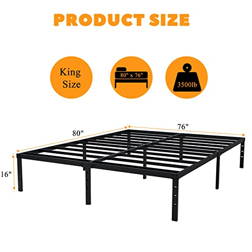 BetLife King Size Bed Frame with Stronger Steel Slat Support/ 16 Inch High Non- Slip Platform/Noise Free Mattress Foundation/No Box Spring Needed/Black