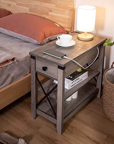 Awescuti Narrow End Table with Charging Station Farmhouse Slim Side Table with USB Ports and Power Outlets, Nightstand with Flip Top and Storage Drawer, for Small Spaces Living Room Bedroom, Gray