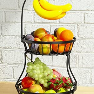 2-Tier Fruit Basket Bowl Stackable Vegetable Storage with Banana Tree Hanger Stand for Kitchen Countertop, Metal Wire Basket for Bread Onions Potatoes Black