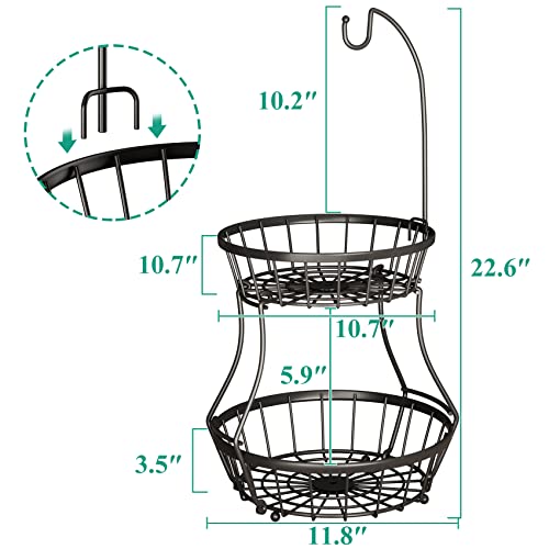 2-Tier Fruit Basket Bowl Stackable Vegetable Storage with Banana Tree Hanger Stand for Kitchen Countertop, Metal Wire Basket for Bread Onions Potatoes Black