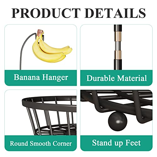 2-Tier Fruit Basket Bowl Stackable Vegetable Storage with Banana Tree Hanger Stand for Kitchen Countertop, Metal Wire Basket for Bread Onions Potatoes Black