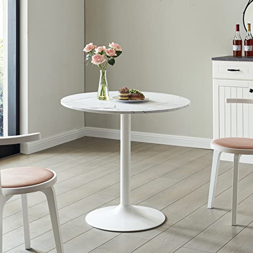 White Round Dining Room Table - 32" Modern Mid-Century Kitchen Coffee Table with Faux Marble Top, Metal Pedestal Base for Home, Office, Small Space