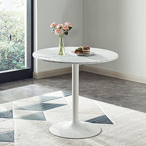 White Round Dining Room Table - 32" Modern Mid-Century Kitchen Coffee Table with Faux Marble Top, Metal Pedestal Base for Home, Office, Small Space