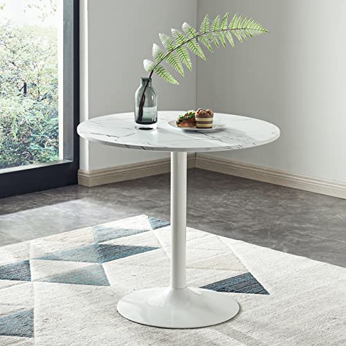 White Round Dining Room Table - 32" Modern Mid-Century Kitchen Coffee Table with Faux Marble Top, Metal Pedestal Base for Home, Office, Small Space