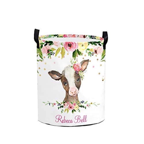 Girl Farm Cow Floral Personalized Laundry Hamper with Handles Waterproof,Custom Collapsible Laundry Bin,Clothes Toys Storage Baskets for Bedroom,Bathroom Decorative Large Capacity 50L