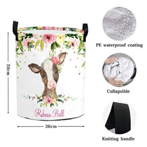 Girl Farm Cow Floral Personalized Laundry Hamper with Handles Waterproof,Custom Collapsible Laundry Bin,Clothes Toys Storage Baskets for Bedroom,Bathroom Decorative Large Capacity 50L