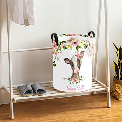 Girl Farm Cow Floral Personalized Laundry Hamper with Handles Waterproof,Custom Collapsible Laundry Bin,Clothes Toys Storage Baskets for Bedroom,Bathroom Decorative Large Capacity 50L