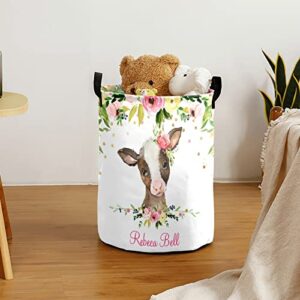 Girl Farm Cow Floral Personalized Laundry Hamper with Handles Waterproof,Custom Collapsible Laundry Bin,Clothes Toys Storage Baskets for Bedroom,Bathroom Decorative Large Capacity 50L