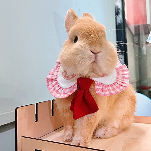 Bunny Rabbit Clothes Collar Plaid Bandana with Tie Decor Adjustable Bibs Scarf with Safety Buckle Formal Suit Style Rabbit Clothes for Bunny Kitten Cats Puppy Chinchilla Guinea Pig (L, Pink)