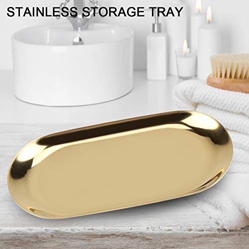 Multipurpose Table Tray Stainless Steel Jewelry Storage Box Cosmetics Organizer for Kitchen Bathroom (L-Gold)