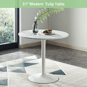 Nopurs Round Dining Table, 31.5" Small Kitchen Table, Sofa Table with Faux Marble Desk and Metal Pedestal Base, Coffee and Bistro Table for Living Room, Kitchen, Bedroom, Meeting Room, and Balcony