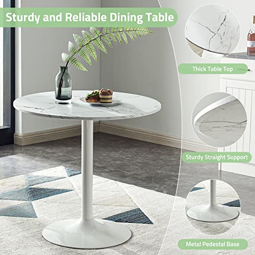 Nopurs Round Dining Table, 31.5" Small Kitchen Table, Sofa Table with Faux Marble Desk and Metal Pedestal Base, Coffee and Bistro Table for Living Room, Kitchen, Bedroom, Meeting Room, and Balcony