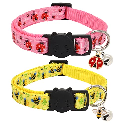 Giecooh Breakaway Cat Collar with Bells, 2 Pack Adjustable Pendant Safety Kitten Collars for Boys & Girls,Bee+Ladybug